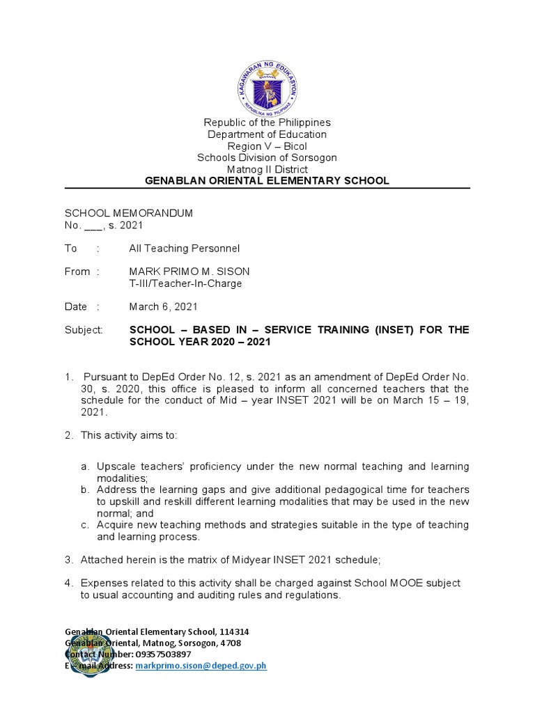 School Memorandum On The Conduct of Inset Training | PDF