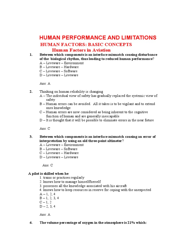 Human Performance and Limitations Questions | PDF | Hypoxia (Medical ...