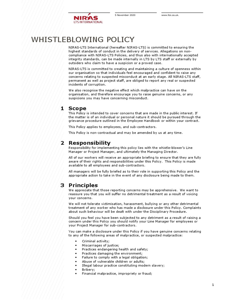 NIRAS-LTS Whistleblowing Policy Guide | PDF | Whistleblower ...