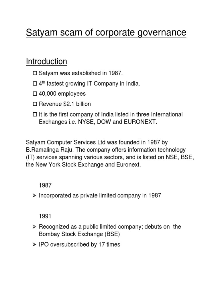 Satyam Scam of Corporate Governance | PDF | Corporations | Financial ...