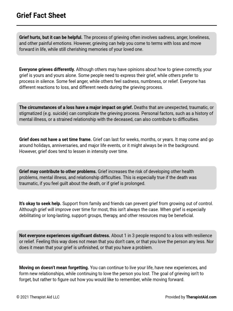 Grief Fact Sheet: © 2021 Therapist Aid LLC | PDF