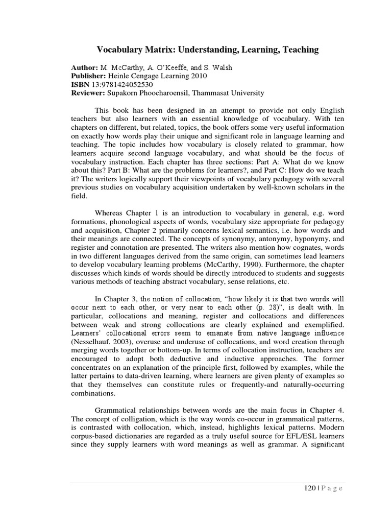 Vocabulary Matrix: Understanding, Learning, Teaching | PDF | Vocabulary ...