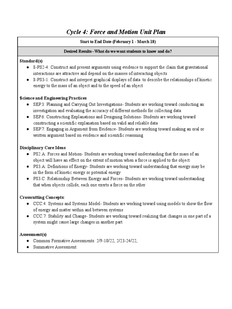 Force and Motion Unit Plan | Download Free PDF | Force | Mass