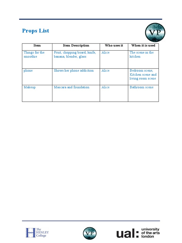 Props List Short Film | PDF