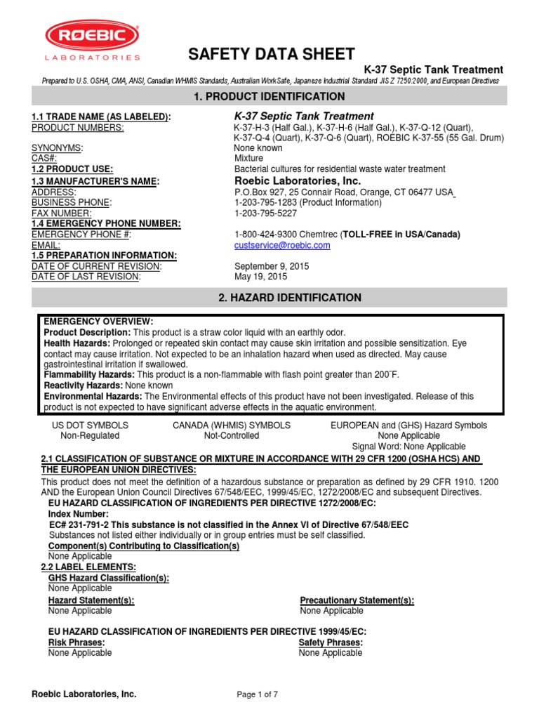 K-37 Septic Tank Treatment SDS | PDF | Dangerous Goods | Firefighting
