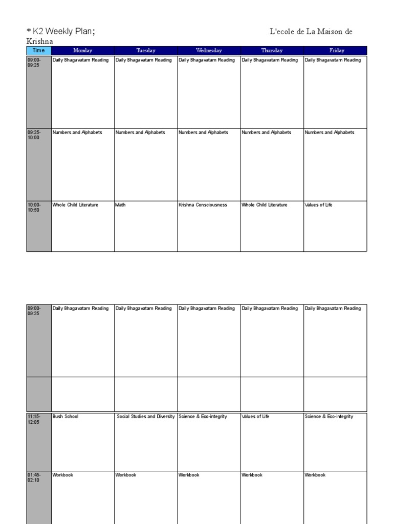 K2 Weekly Lesson Plan for La Maison de Krishna School | PDF