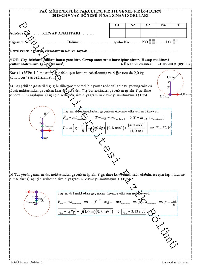 2018-2019 Yaz Genel Fizik-1 Final | PDF