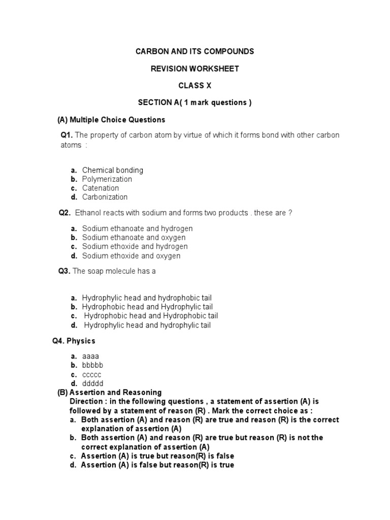 Carbon and its compounds worksheet | PDF | Chemical Reactions | Hydrophile
