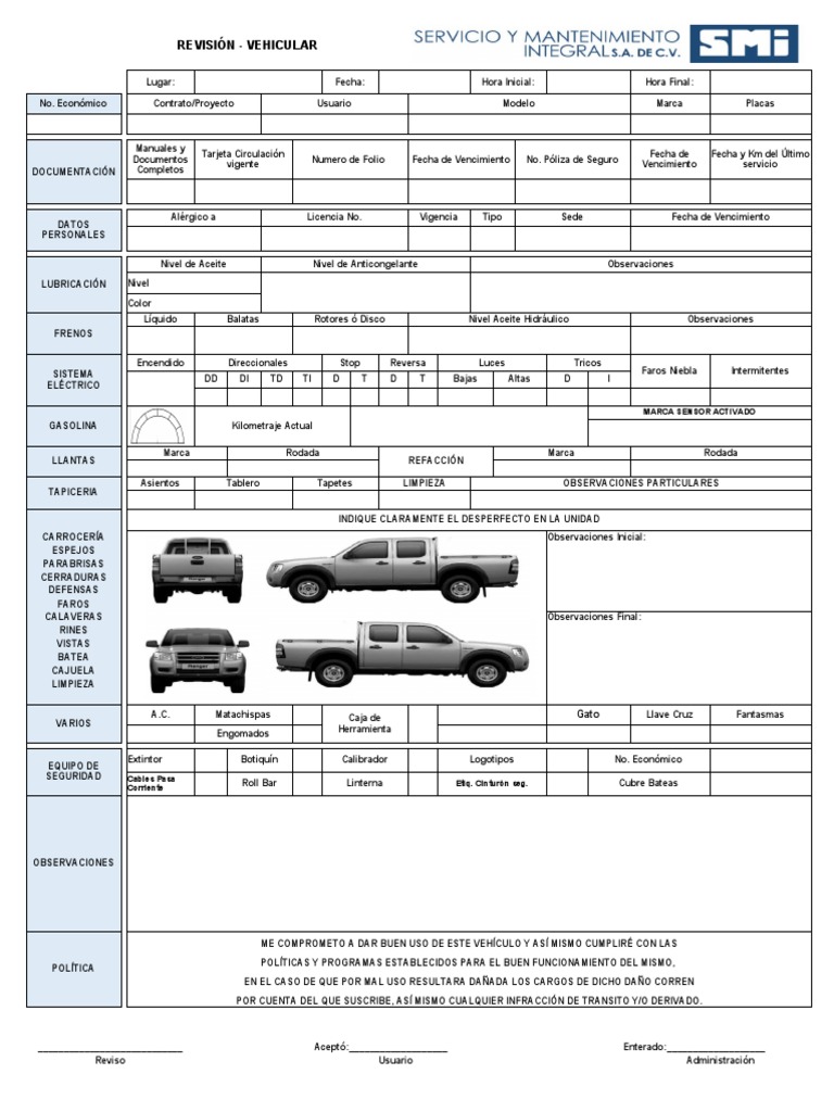 Formato de Revisión Vehicular PDF | PDF | Vehículos terrestres | Bienes manufacturados