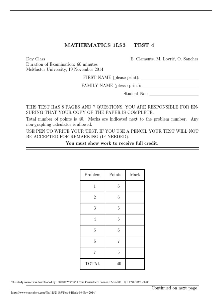 Mathematics 1Ls3 Test 4: You Must Show Work To Receive Full Credit ...