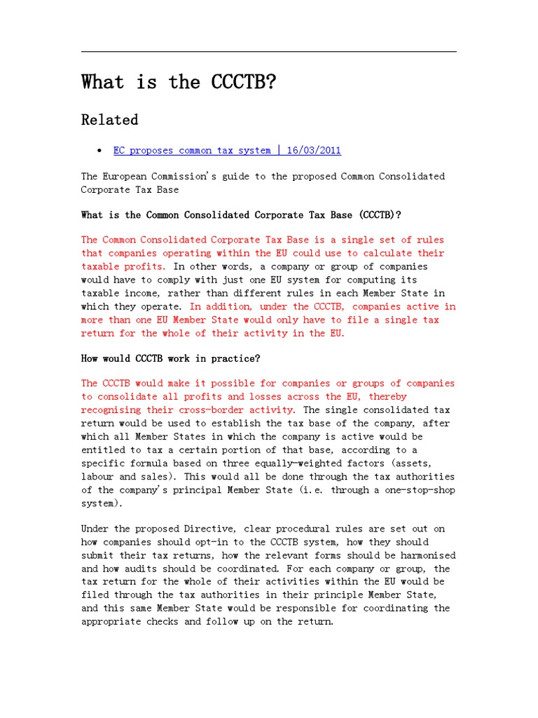 Understanding the Common Consolidated Corporate Tax Base | PDF | Taxes ...