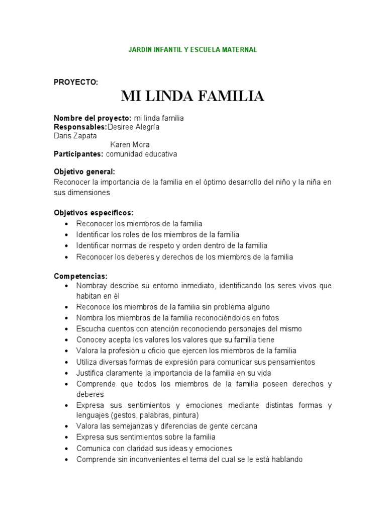 Proyecto Mi Linda Familia | PDF | Educación de la primera infancia