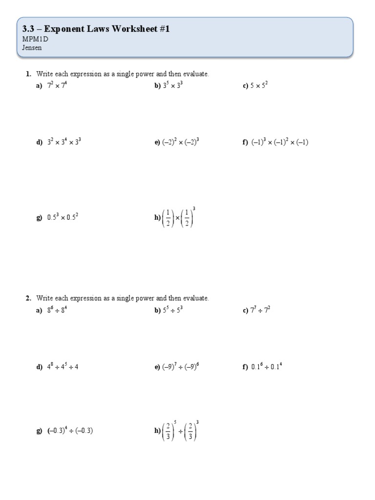 3.3 Exponent Laws Worksheet | PDF