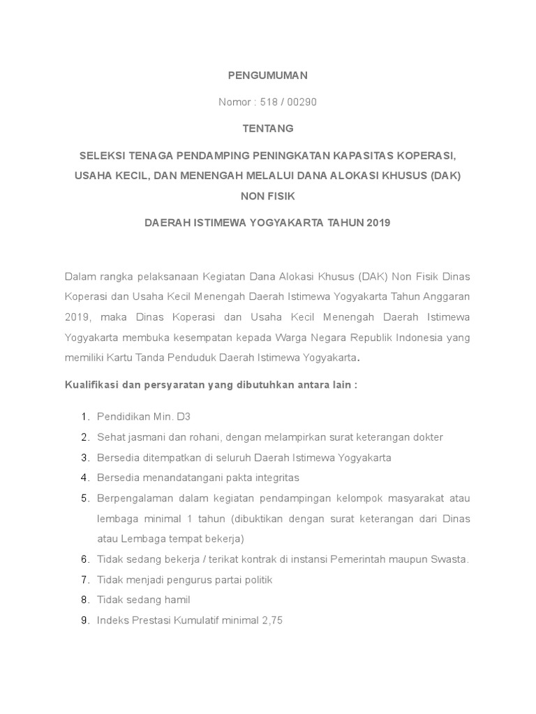 Contoh Pengumuman Seleksi Tenaga Pendamping Dak Non Fisik | PDF Contoh Pengumuman Seleksi Tenaga Pendamping Dak Non Fisik | PDF