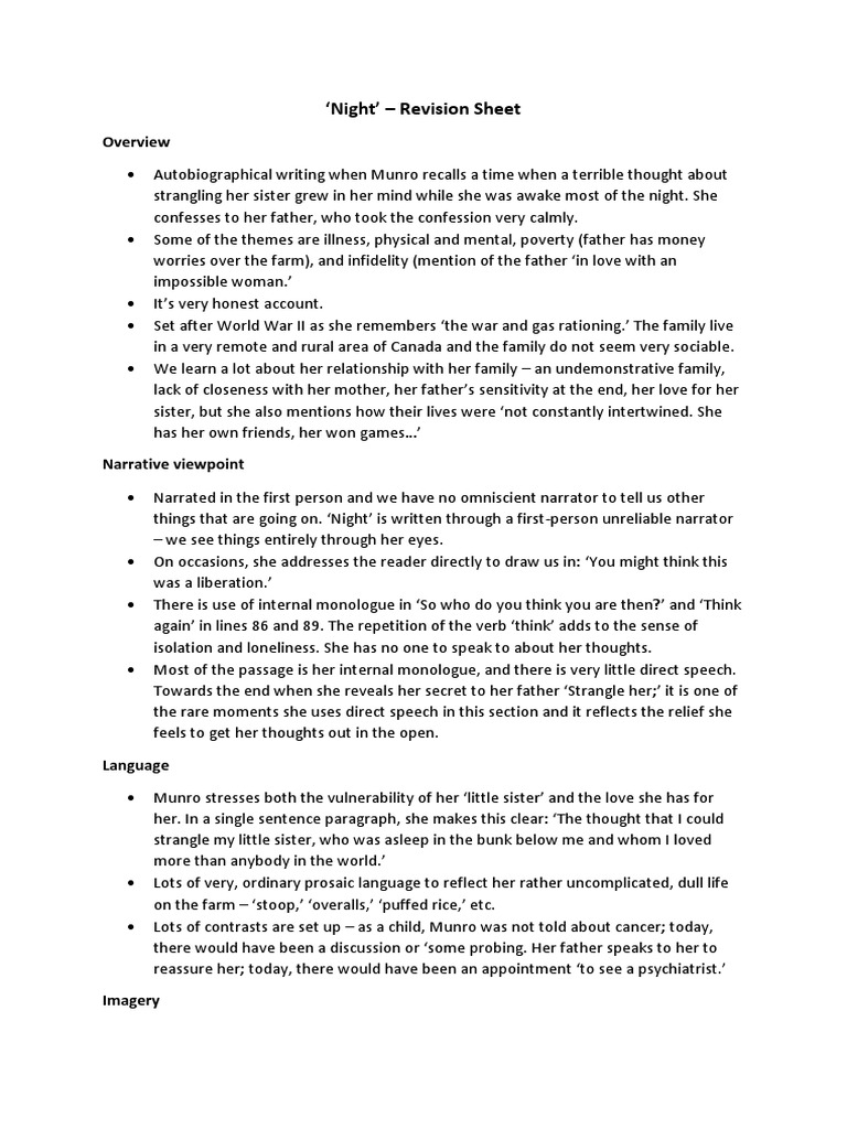 Night - Revision Sheet | PDF | Narration