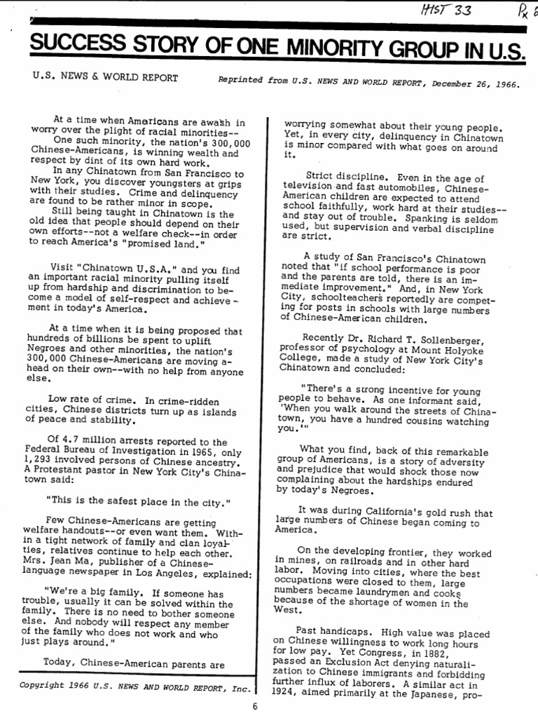 Origins of Model Minority US News World Report Success Story | PDF