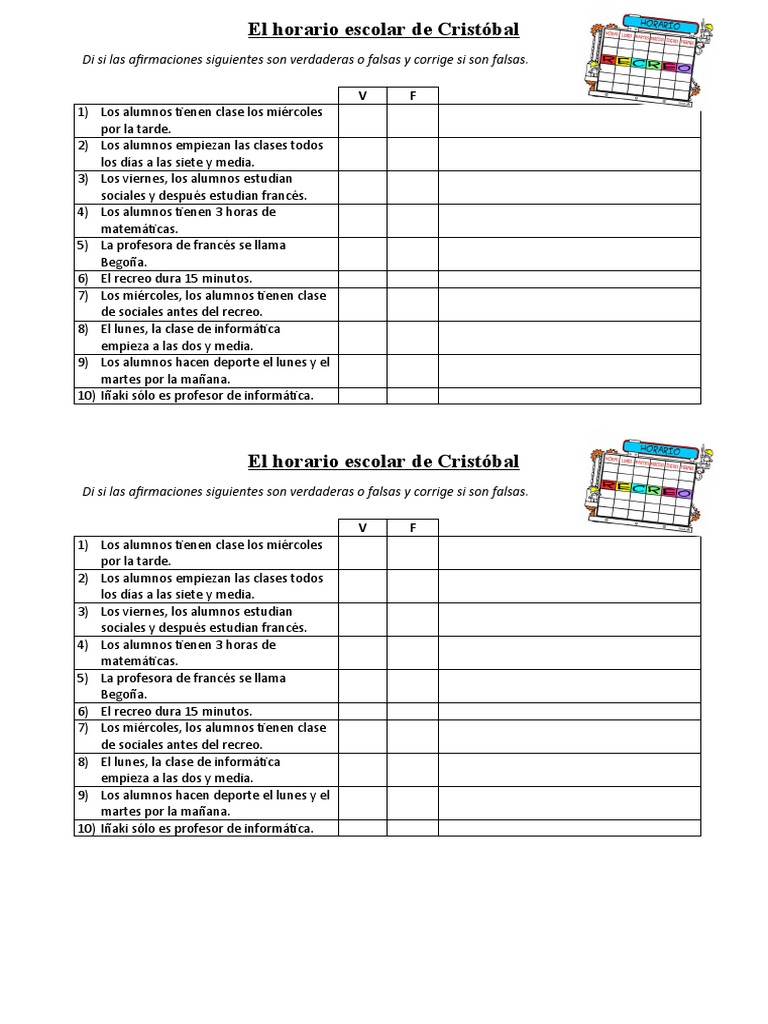 Horario Escolar de Cristóbal: Verdadero o Falso | PDF | Deportes y ...