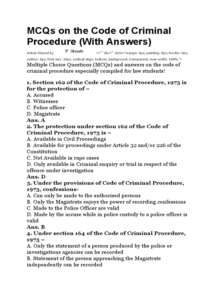 CRPC MCQ Start | PDF | Criminal Procedure In South Africa | Bail