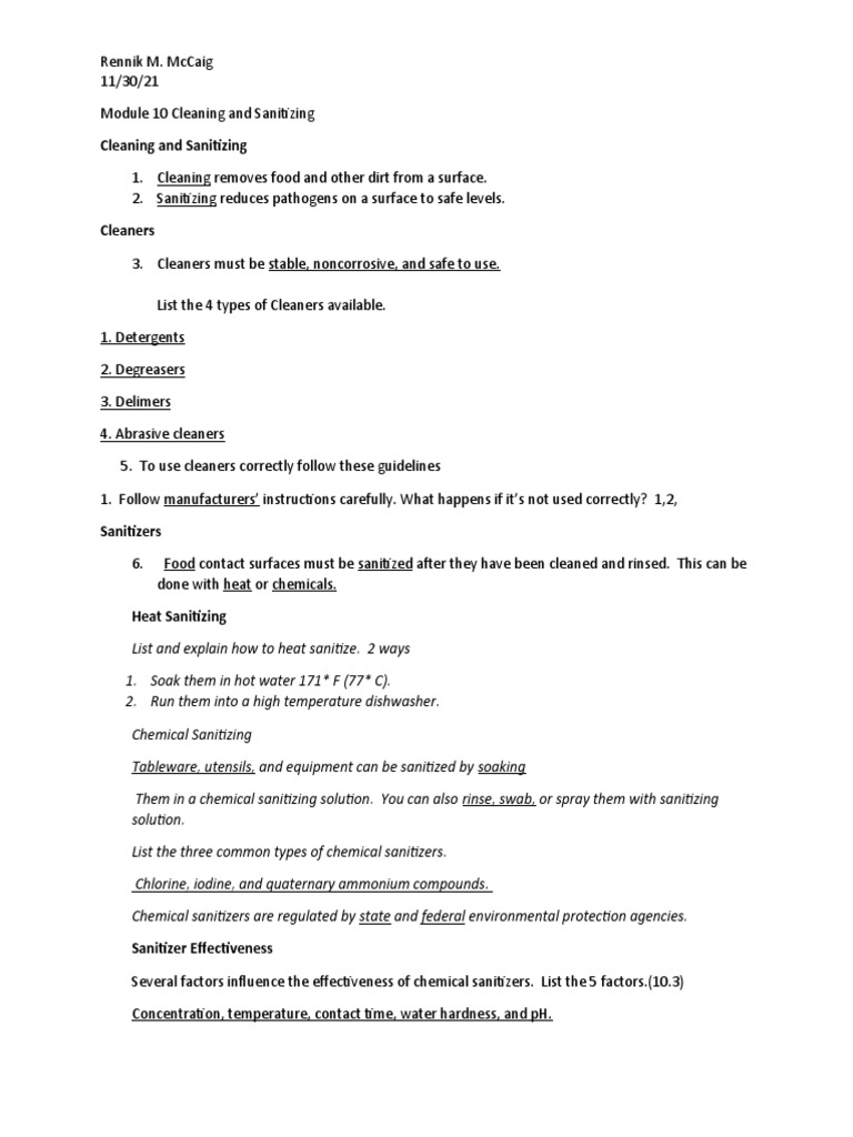 Module 10 Cleaning and Sanitizing | PDF | Disinfectant | Water