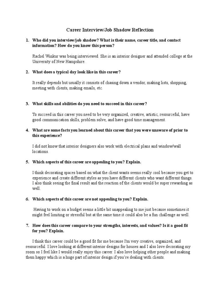 Done Lesson 3 - Career Interview-Job Shadow Reflection | PDF | Interior ...