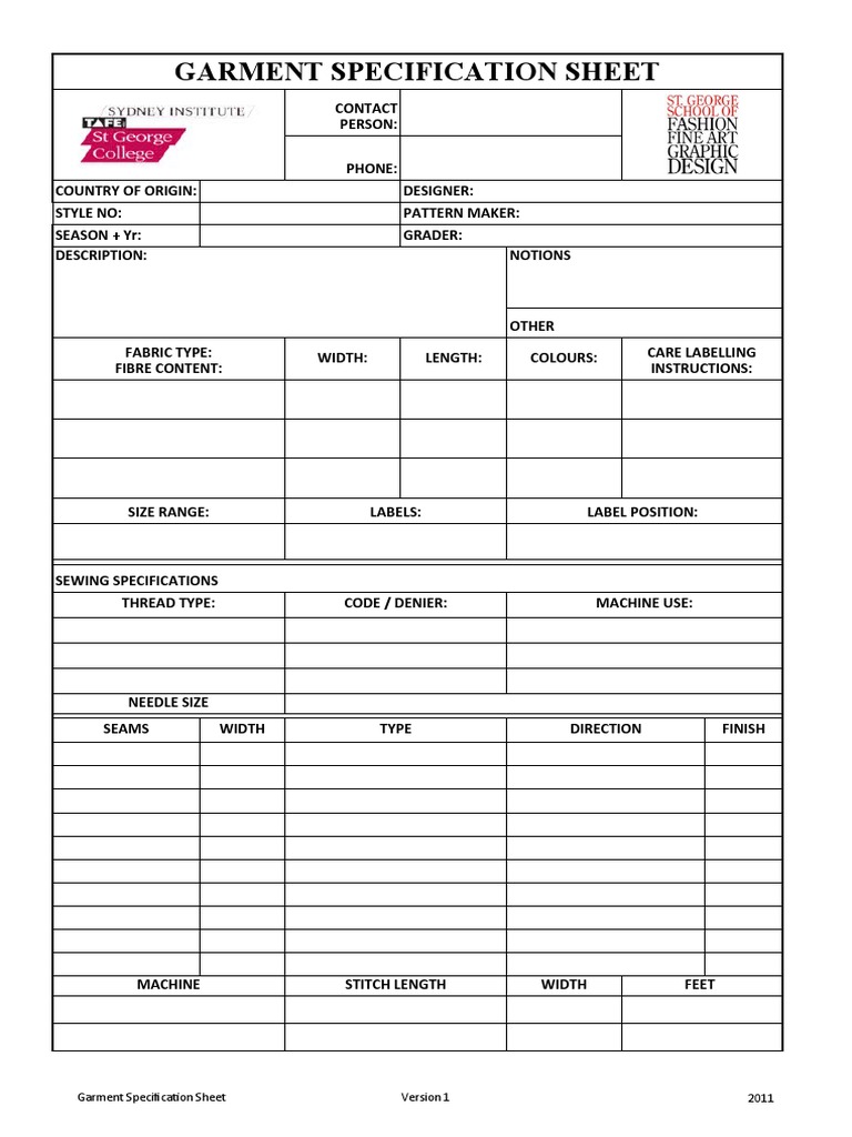 Garment Specification Sheet Excel Template | PDF
