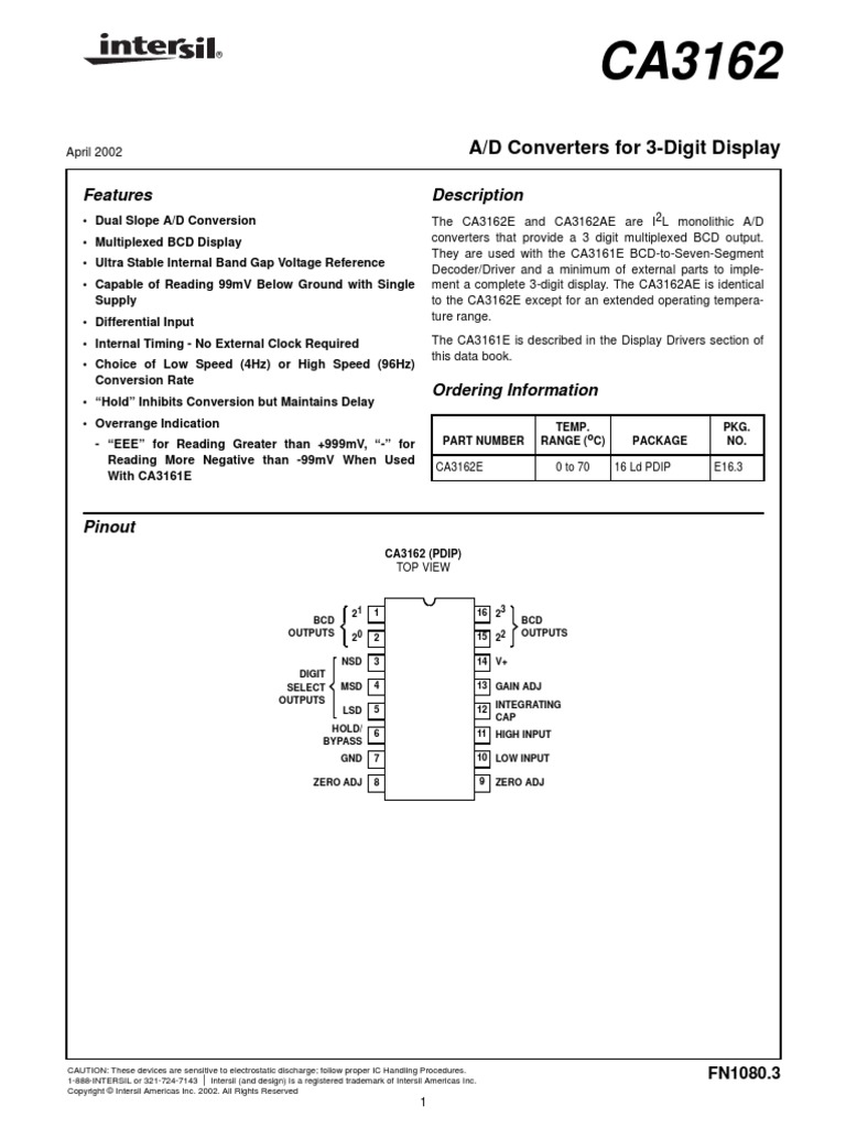 Voltmetro Digitale Con CA3162-DATASHEET - CA3162 | PDF | Analog To ...