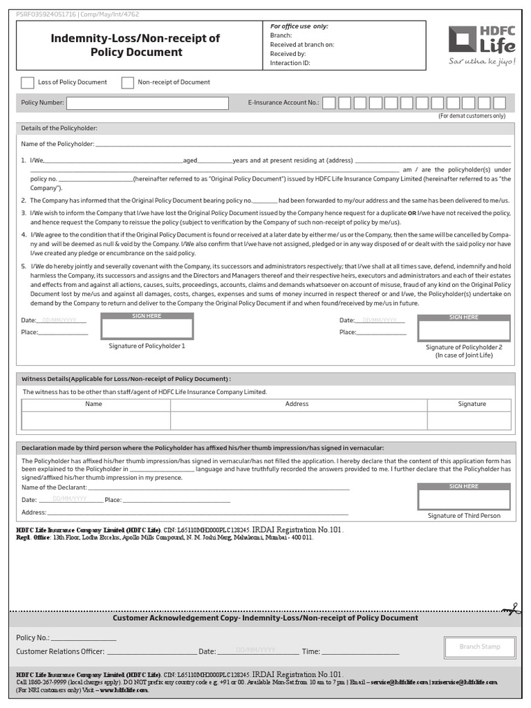 Duplicate Policy Document Request Form | PDF | Insurance | Life Insurance