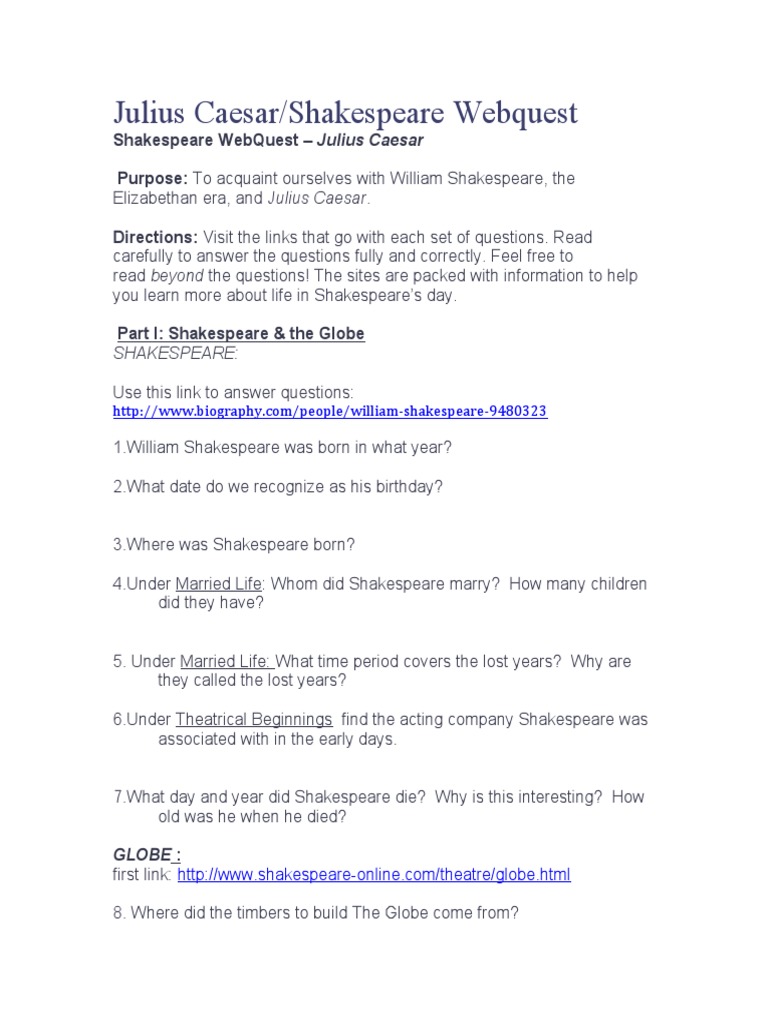 Julius Caesar/Shakespeare Webquest | PDF | William Shakespeare | Julius ...