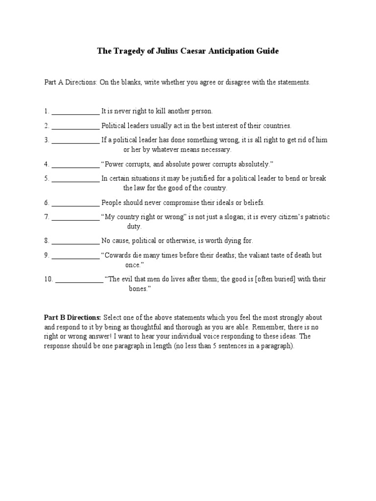 The Tragedy of Julius Caesar Anticipation Guide | PDF