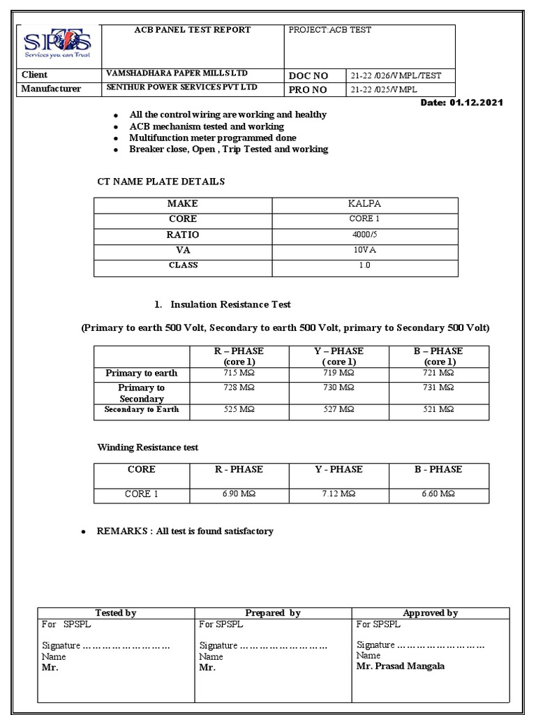 Insulation Resistance Test (Primary To Earth 500 Volt, Secondary To ...