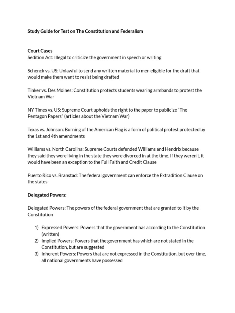 Constitution and Federalism Study Guide | PDF | Federal Government Of ...