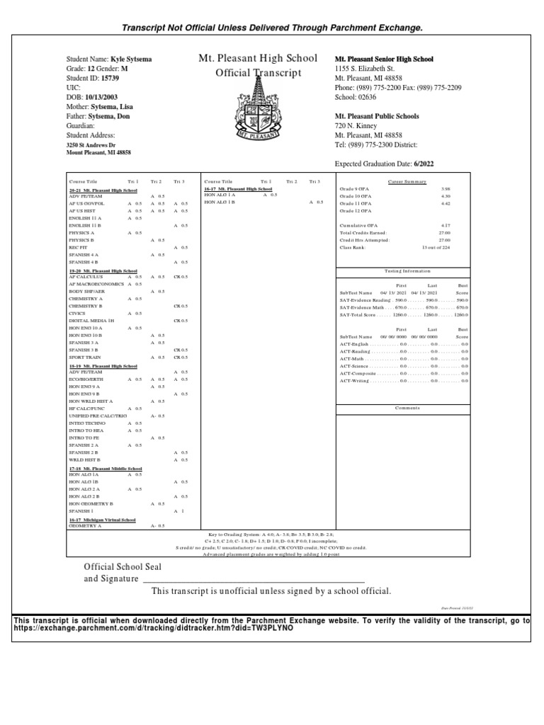 Mt. Pleasant High School Official Transcript: Transcript Not Official ...