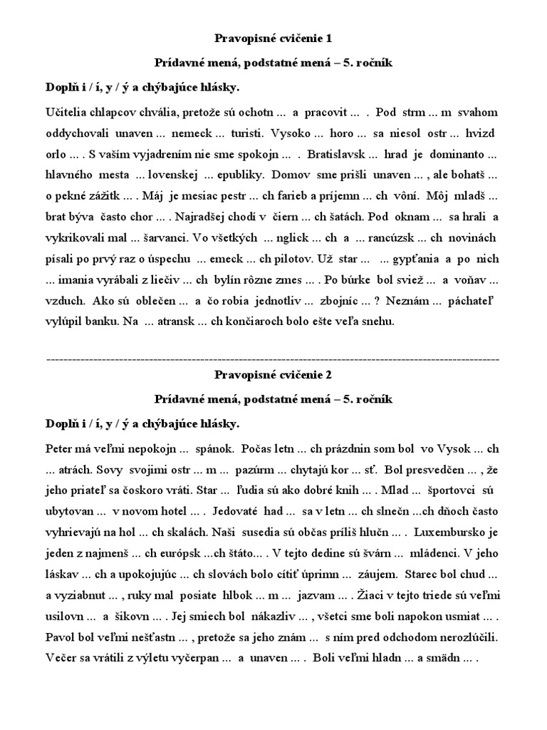 Pravopisné Cvičenia - Prídavné Mená, Podstatné Mená | PDF