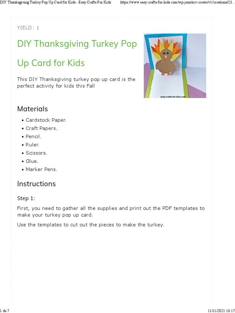 DIY Thanksgiving Turkey Pop Up Card For Kids - Easy Crafts For Kids ...