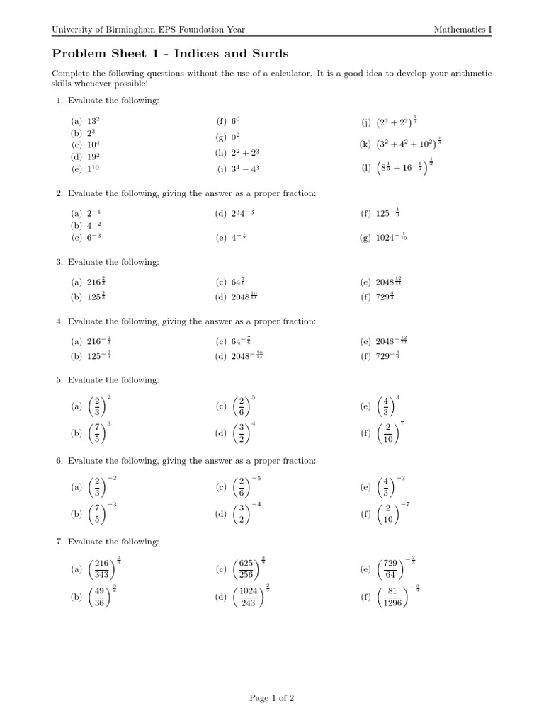 Indices and Surds Problem Sheet | PDF | Mathematics | Science