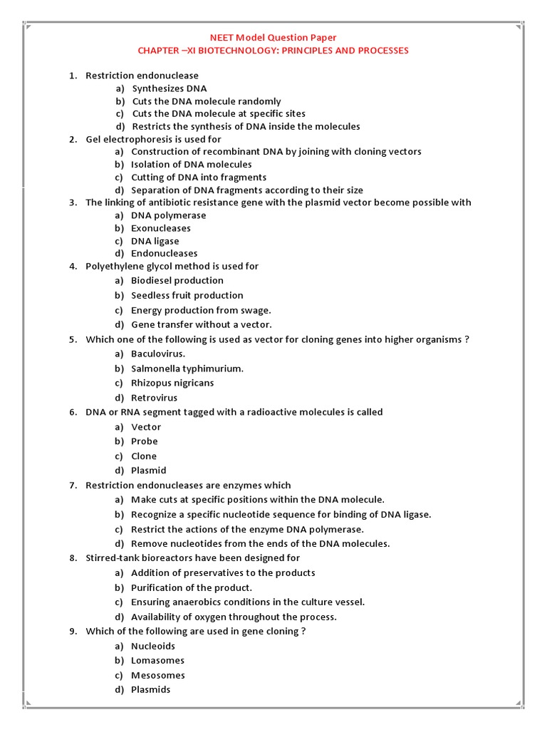 NEET Model Question Paper Chapter - Xi Biotechnology: Principles and ...