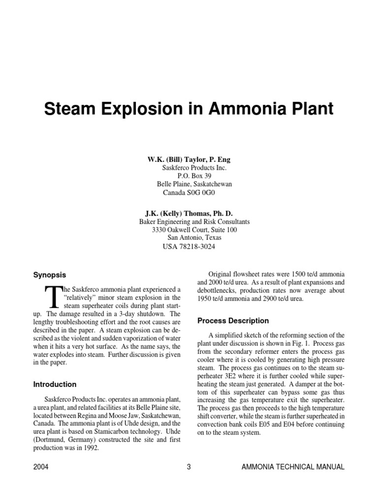 Steam Explosion in Ammonia Plant: W.K. (Bill) Taylor, P. Eng | PDF ...