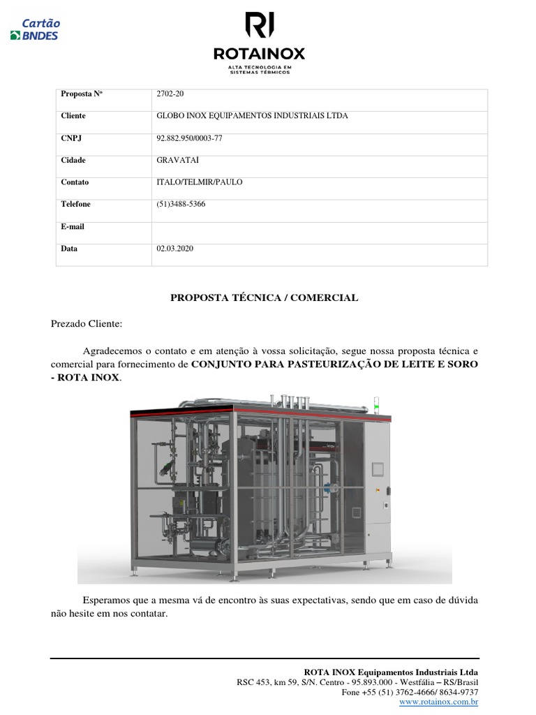 ROTA INOX Proposta PASTEURIZADOR DE LEITE E SORO | PDF | Controlador ...