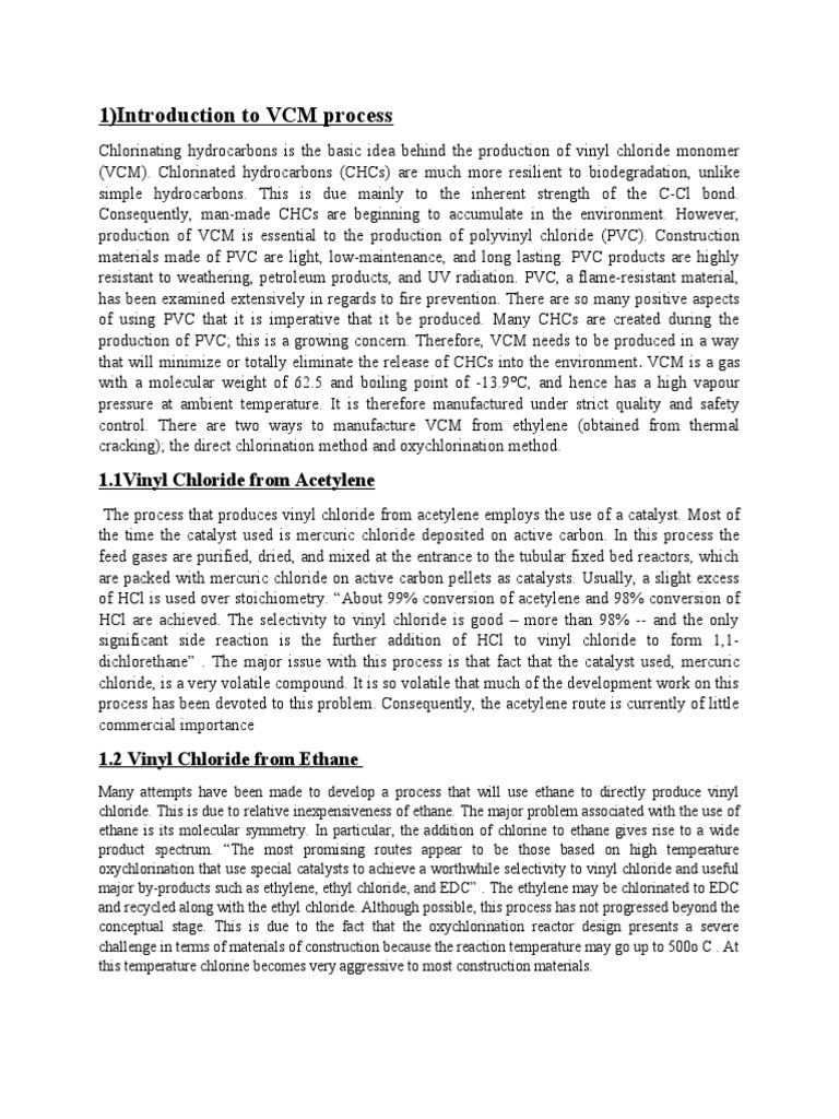 1) Introduction To VCM Process: 1.1vinyl Chloride From Acetylene | PDF ...
