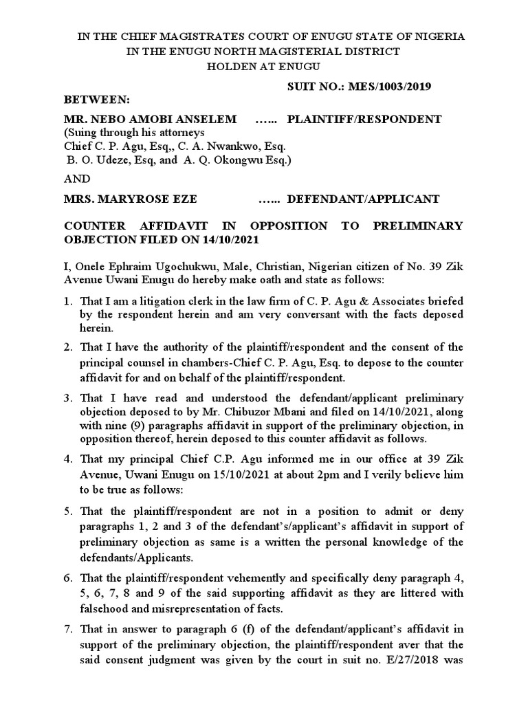 Counter Affidavit in Opposition To Preliminary Objection (Nebo Amobi ...