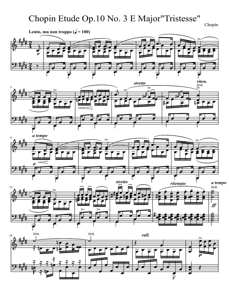 Chopin Etude Op.10 No. 3 E Major"Tristesse": Lento, Ma Non Troppo ( 100 ...