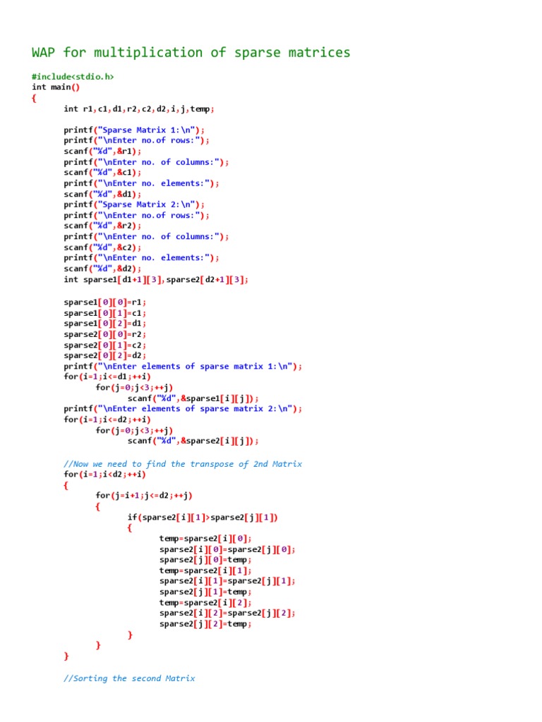 WAP For Multiplication of Sparse Matrices: Int Main Int r1 | Download ...