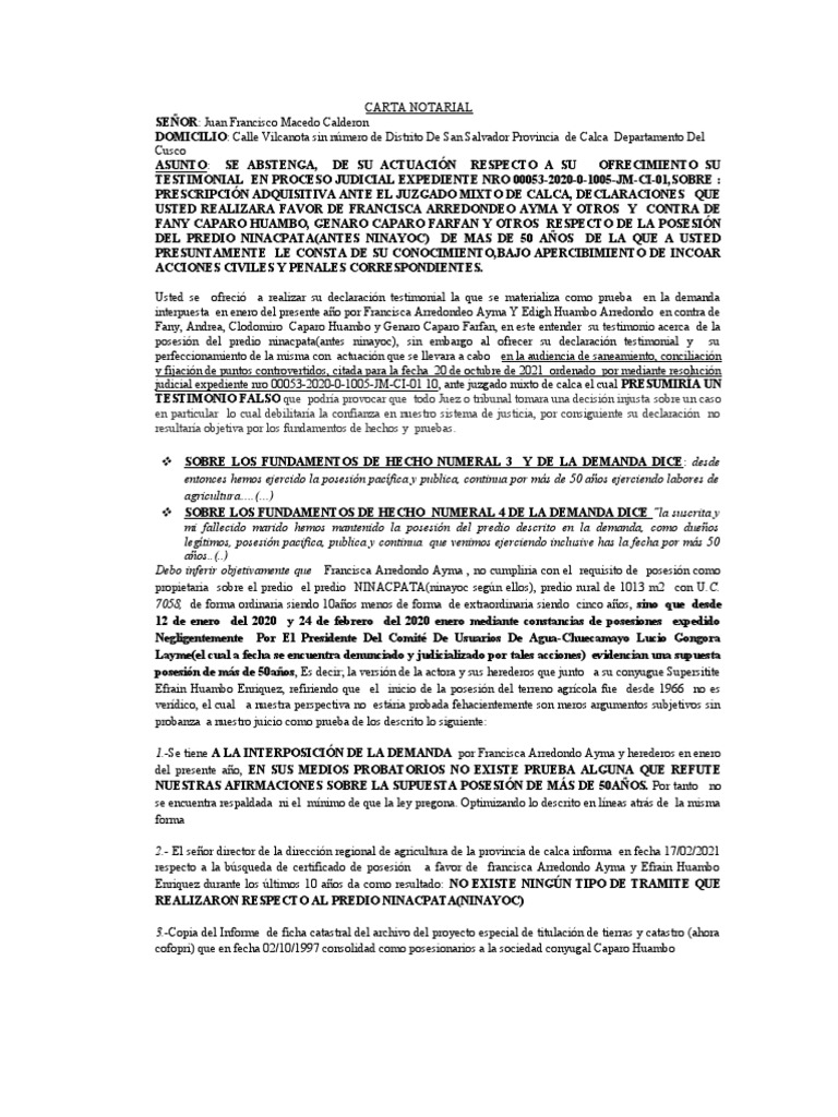 Cartas Notariales Ninayoc | PDF | Demanda judicial | Principios éticos