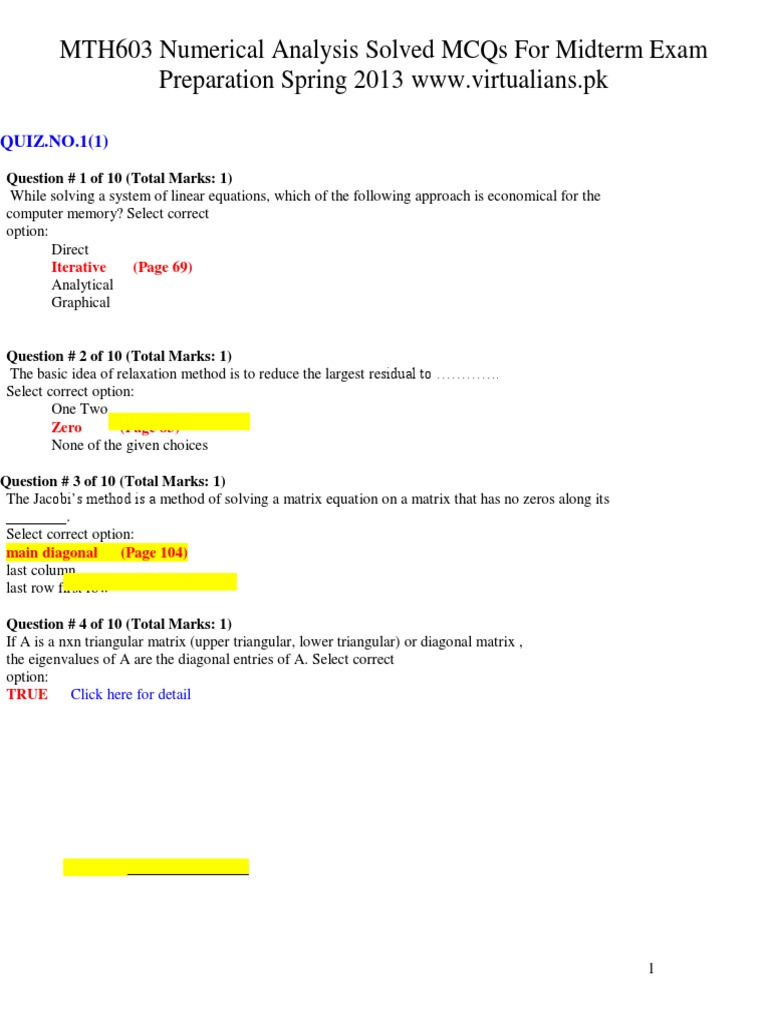 MTH603 Numerical Analysis Midterm MCQs | PDF | Matrix (Mathematics ...