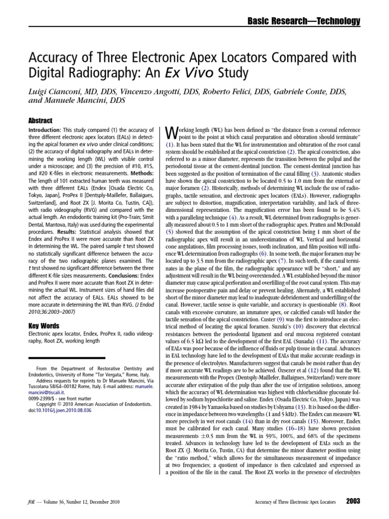 Accuracy Of Three Electronic Apex Locators Compared With Digital Radiography Pdf