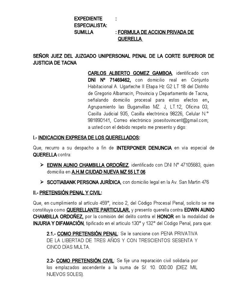 Querella Por Difamación | Descargar gratis PDF | Derecho penal | Queja