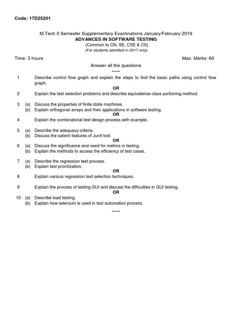 Advances in Software Testing Previous Questions Paper Mtech Jntua | PDF