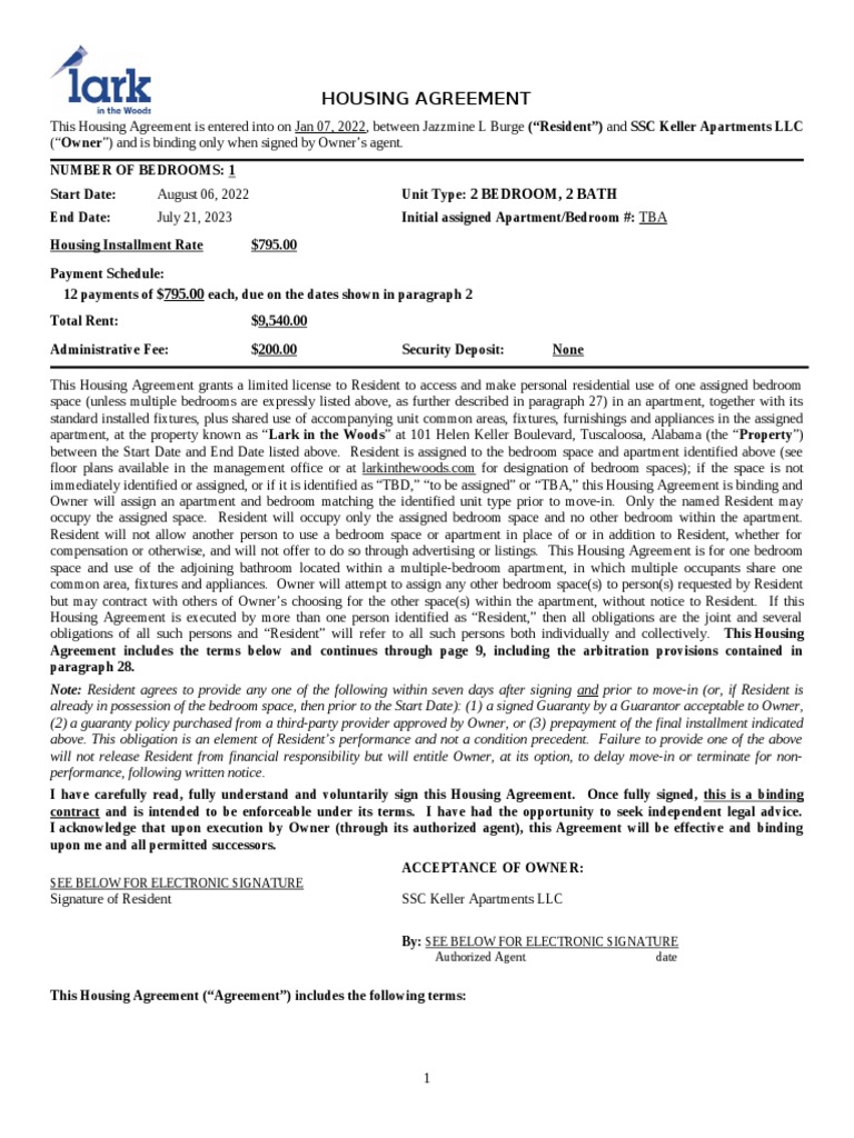 1-Bedroom Housing Agreement Details | PDF | Insurance | Indemnity