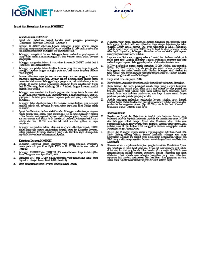 Syarat dan Ketentuan Layanan ICONNET | PDF