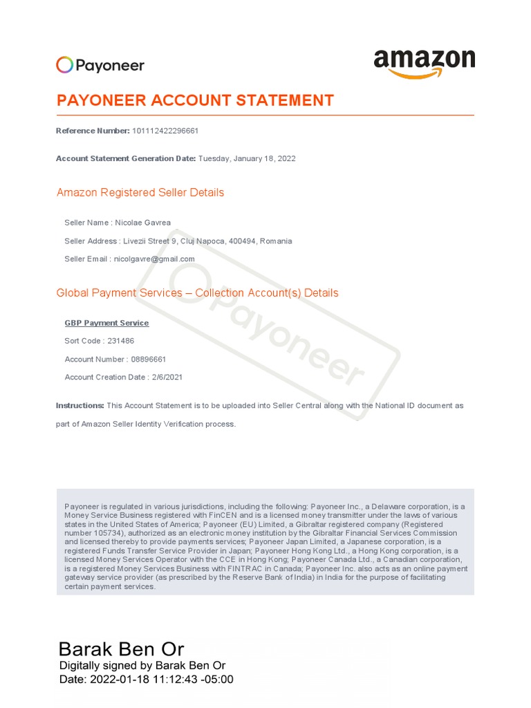 Payoneer Account Statement: Reference Number: 101112422296661 | PDF ...